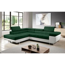 FURNIX Zante Eckcouch L-Form Sofa Schlafsofa Couch Schlaffunktion MA120-KR19 Grün-Leder Weiß