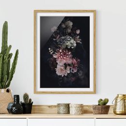 MICASIA Bild mit Rahmen - Blumen mit Nebel auf Schwarz Größe HxB: 70cm x 50cm, Rahmen: Eiche