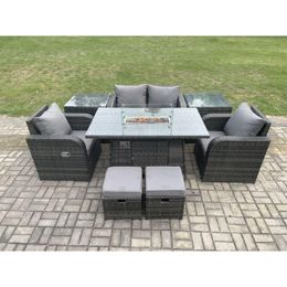 Fimous - Rattan Gartenmöbel Set Outdoor Patio Gas Feuerstelle Esstisch und Stühle mit Love Sitz Sofa Fußhocker 2 Beistelltische