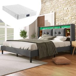 Polsterbett Doppelbett Stauraum-Kopfteil Bett mit aufladen usb und LED-Beleuchtung Bettgestell Lattenrost aus Holz,160200CM Grau(Mit Matratze) Okwish