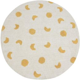 Beliani Teppich Beige u. Gelb Baumwolle Rund 140cm mit Mondmuster Getuftet Kurzflor Kinderzimmer Baumwollteppich Kinderteppich Fußbodenheizung Geeignet