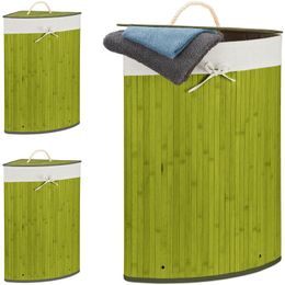 Relaxdays 3 x Eckwäschekorb Bambus, faltbare Wäschebox 60 Liter, platzsparend, Wäschesack Baumwolle, 65 x 49,5 x 37 cm, grün