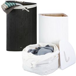 Relaxdays 2 x Eckwäschekorb im Set, Wäschetrennsystem aus Bambus, herausnehmbarer Wäschesack, Wäschesammler je 64 l, schwarz/weiß