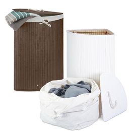 Relaxdays 2 x Eckwäschekorb im Set, Wäschetrennsystem aus Bambus, herausnehmbarer Wäschesack, Wäschesammler je 64 l, braun/weiß