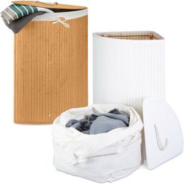 Relaxdays 2 x Eckwäschekorb Set, Wäschetrennsystem aus Bambus, Wäschesammler mit herausnehmbarem Wäschesack, je 64 L, natur/weiß