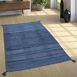 Designer Teppich Webteppich Kelim Handgewebt 100% Baumwolle Modern Gemustert Blau 120x170 cm - Paco Home