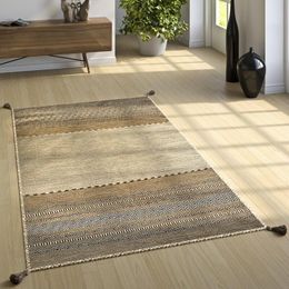 Designer Teppich Webteppich Kelim Handgewebt 100% Baumwolle Modern Gemustert Beige 120x170 cm - Paco Home