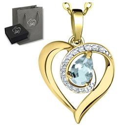 Limana Herzkette echter Aquamarin blau 925 Silber Gold Damen Kette mit Herz-Anhänger (inkl. Herz Geschenkdose und Tasche)