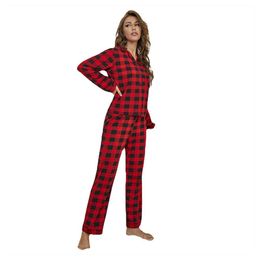 RUZU UG Schlafanzug Homewear Damen Pyjama Karo Cardigan Hemd langen Ärmeln langen Hosen
