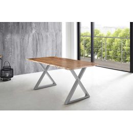 Esstisch Baumkante massiv Akazie natur 180 x 90 X-Gestell silber LUBIN