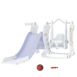 3-in-1-Set Kinderrutsche mit Schaukel, Basketballkorb, Raketen-Design, weiß+grau, 150L x 185B x 92H cm - Grau