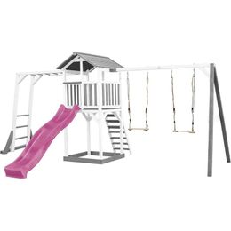 AXI Beach Tower Spielturm aus Holz in Weiß & Grau Spielhaus für Kinder mit lila Rutsche, Klettergerüst, Doppelschaukel und Sandkasten Stelzenhaus für den