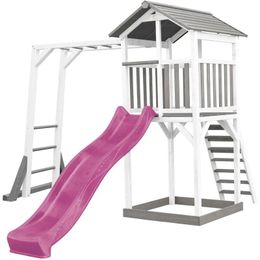 AXI Beach Tower Spielturm aus Holz in Weiß & Grau Spielhaus für Kinder mit lila Rutsche, Klettergerüst und Sandkasten Stelzenhaus für den Garten - Weiß