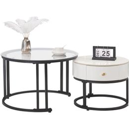 Zweiteiliges Couchtisch-Set in Weiß - Nesting-Tische, Glas, Marmor-Schieferplatte, Massivholzschubladen, Rund, Modell d - Aufun