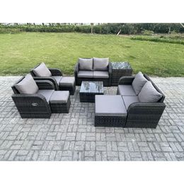 Fimous - Gartenmöbel Set Rattan Lounge Sofa Stuhl im Freien mit ausgeglichenem Glastisch 3 Fußhocker Beistelltisch Dunkelgrau Gemischt