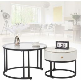 YARDIN Elegantes Couchtisch-Set, Zweiteilig Tischplatten in Grauem Marmor-Look und Massivholz-Schubladen, Maße 70x70x45,5cm + 50x50x40cm passend zu