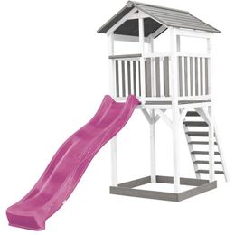 Beach Tower Spielturm aus Holz in Weiß & Grau Spielhaus für Kinder mit lila Rutsche und Sandkasten Stelzenhaus für den Garten - Weiß - AXI