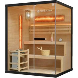 Saunakabine Vantaa 150 mit Salzstein - Indoor Sauna 3 Personen - 4,5kW Ofen, Glasfront, led Licht, Thermometer & Sanduhr - Komplett Set - Artsauna