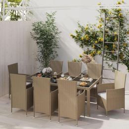 MAISONCHIC 9-tlg. Garten-Essgruppe Gartenmöbel Set Sitzgruppe mit Kissen Poly Rattan Beige DE18611