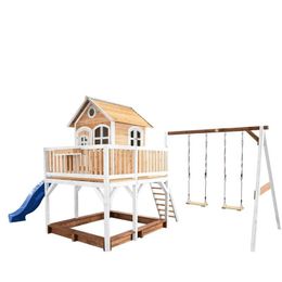 AXI - Spielhaus Liam mit Sandkasten, Doppelschaukel & blauer Rutsche Stelzenhaus xxl in Braun & Weiß aus fsc Holz für Kinder Spielturm mit