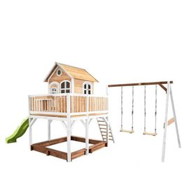 AXI Spielhaus Liam mit Sandkasten, Doppelschaukel & hellgrüner Rutsche Stelzenhaus xxl in Braun & Weiß aus fsc Holz für Kinder Spielturm mit