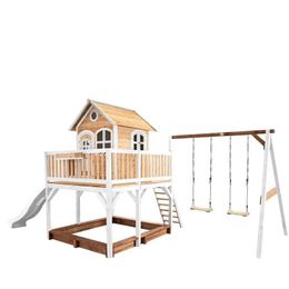 AXI - Spielhaus Liam mit Sandkasten, Doppelschaukel & weißer Rutsche Stelzenhaus xxl in Braun & Weiß aus fsc Holz für Kinder Spielturm mit