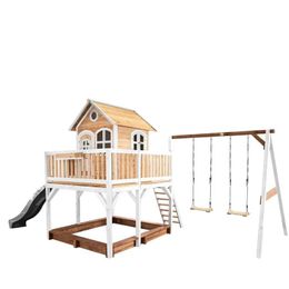 AXI - Spielhaus Liam mit Sandkasten, Doppelschaukel & grauer Rutsche Stelzenhaus xxl in Braun & Weiß aus fsc Holz für Kinder Spielturm mit