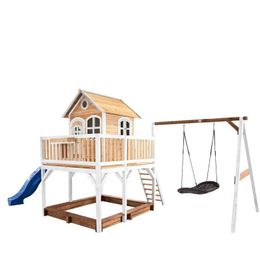 AXI Spielhaus Liam mit Sandkasten, Roxy Nestschaukel & blauer Rutsche Stelzenhaus xxl in Braun & Weiß aus fsc Holz für Kinder Spielturm mit Wellenrutsche