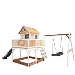 AXI - Spielhaus Liam mit Sandkasten, Roxy Nestschaukel & grauer Rutsche Stelzenhaus xxl in Braun & Weiß aus fsc Holz für Kinder Spielturm mit