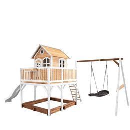 AXI Spielhaus Liam mit Sandkasten, Roxy Nestschaukel & weißer Rutsche Stelzenhaus xxl in Braun & Weiß aus fsc Holz für Kinder Spielturm mit Wellenrutsche