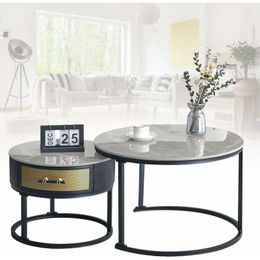 Yardin - Elegantes Couchtisch-Set, Zweiteilig Tischplatten in Grauem Marmor Look und Massivholz-Schubladen, Maße 70x70x45,5cm + 50x50x40cm passend zu