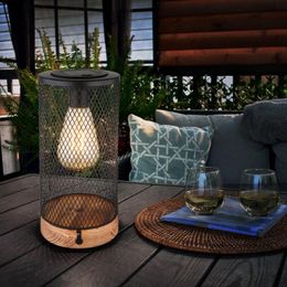Globo Solarlampe Tischleuchte Außen led Gartendeko Holz, Metallgitter schwarz, 3000K warmweiß, DxH 12x25,5 cm