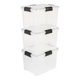 IRIS OHYAMA - 20 l wasserdichte Aufbewahrungsboxen aus Kunststoff mit Deckel, 3er-Set, ddat-sd, transparent, stapelbar, Verschlussclips – B39 x T29 x