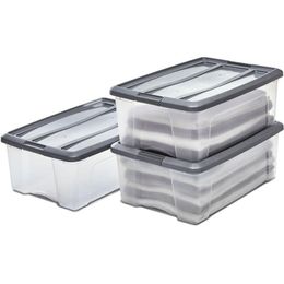 IRIS OHYAMA - 3er-Set, Aufbewahrungsboxen, 30 l, mit Clips, stapelbar, Wohnzimmer, Schlafzimmer, Garage - New Top Box NTB-30 - Grau / Transparent