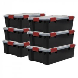 IRIS OHYAMA Kunststoff-Aufbewahrungsbox, 30 l Garagen-Aufbewahrungsbox, 6er-Set, BPA-frei, at-ls, Schwarz, stapelbar, Verschlussklammern – B59 x T39 x H19 cm