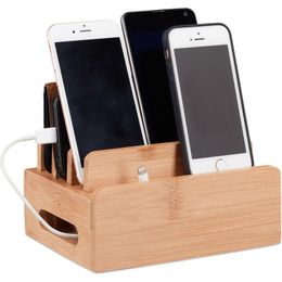 Relaxdays - Bambus Ladestation, Schreibtisch Handyhalter f. 6 Geräte, Holz Kabelbox f. Ordnung, hbt 9 x 17 x 13 cm, natur