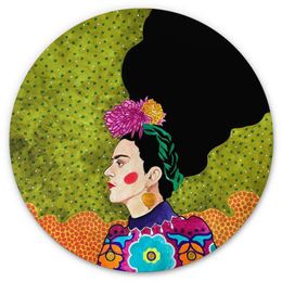 K&L WALL ART Alu-Dibond-Poster Rund Metalloptik Wandbild Frida Kahlo Portrait florale Rosen Retro Deko Hülya ø 100cm - bunt
