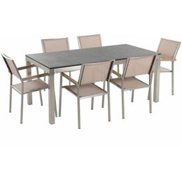 Beliani Gartenmöbel Set Beige Schwarz Granit Edelstahl Tisch 180 cm Geflammt 6 Stühle Terrasse Outdoor Modern - Silber