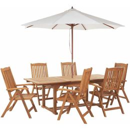 Beliani Gartenmöbel Set mit Sonnenschirm Hellbraun Akazienholz 6-Sitzer 8-teilig Ausziehbarer Tisch Outdoor Garten Terrasse Balkon Ausstattung Möbel - Heller