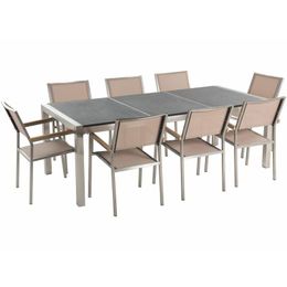 Beliani Gartenmöbel Set Grau Beige Granit Edelstahl Tisch 220 cm Poliert 8 Stühle Terrasse Outdoor Modern - Silber