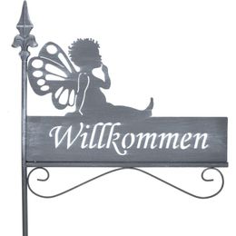 Spetebo - Gartenstecker mit Schriftzug 128 x 42 cm - willkommen - Deko Beetstecker aus Metall in grau - Frühling Sommer Blumenbeet Metallstecker mit