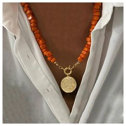 ROUGEMONT Perlenkette Handgefertigte Boho Damen Halskette Coachella Orange/Gold