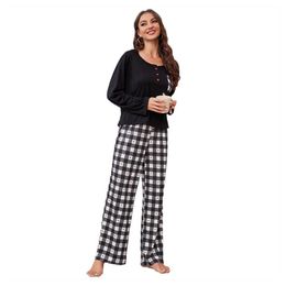 RUZU UG Schlafanzug Pyjamas Lounge Wear Damen Strickjacke Langarm Hosen Set Capri Pyjamas