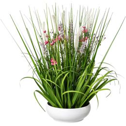 Kunstgras Blüten-Gras-Mix, Creativ green, Höhe 53 cm, in weißer Kunststoffschale, rosa