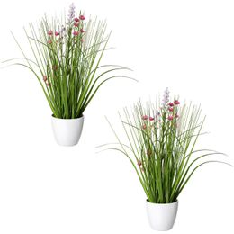 Kunstgras Blüten-Gras-Mix, Creativ green, Höhe 41 cm, in weißer Kunststoffschale, rosa