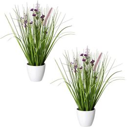 Kunstgras Blüten-Gras-Mix, Creativ green, Höhe 41 cm, in weißer Kunststoffschale, lila