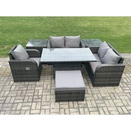 Fimous - 6-Sitzer Rattan Möbel Garten Dining Set im Freien Höhenverstellbarer Aufsteigenderr Tisch Liebe Sofa Stuhl mit 2-Beistelltische Großer