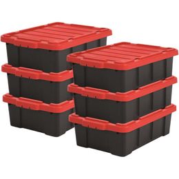 IRIS OHYAMA - 25L Plastik Aufbewahrungsbox für die Garage, 6er Set, DDSKT-230, Schwarz/Rot, L59 x T38.5 x H18 cm