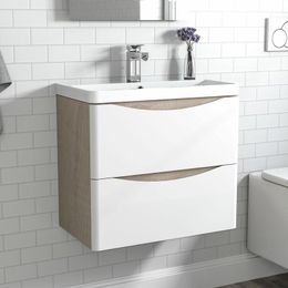 AICA SANITAIRE Waschtisch mit Unterschrank Waschbeckenunterschrank Badmöbel 60cm Weiß + Eiche mit Waschbecken