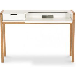 PRIVATEFLOOR Scandinavian Style Schreibtisch aus Holz Weiß - Massive Eiche, Melamin, Holz, Holz - Weiß